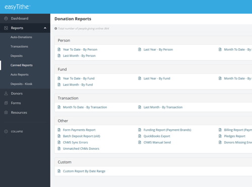 Reporting Features of Online Giving by easyTithe